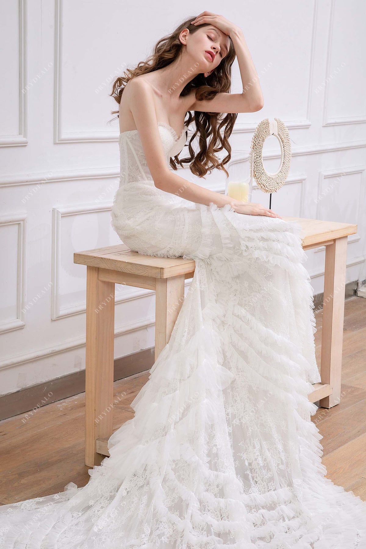 Strapless Corset Lace Ruffled Tulle Destination Mermaid Wedding Dress | Brydealo