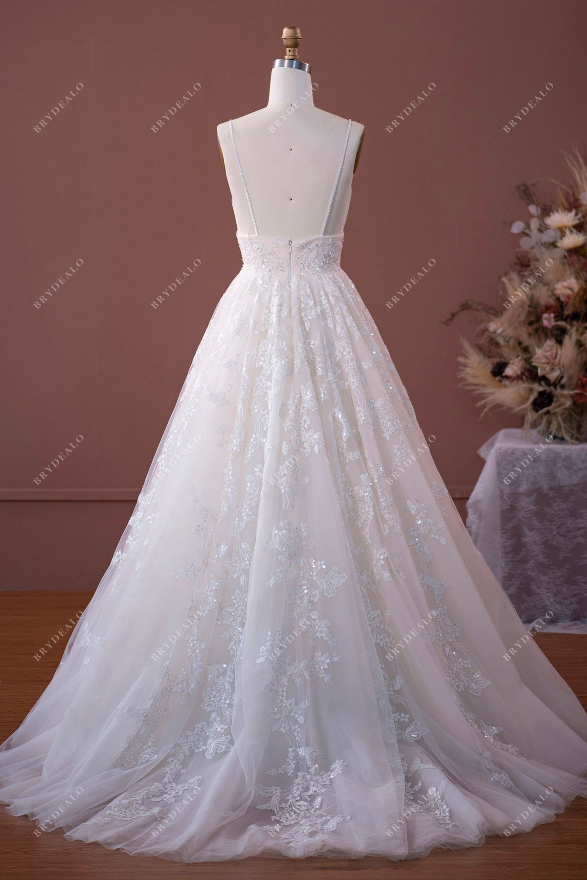 Sequin Lace V-neck Open Back Ball Gown Garden Bridal Dress | Brydealo