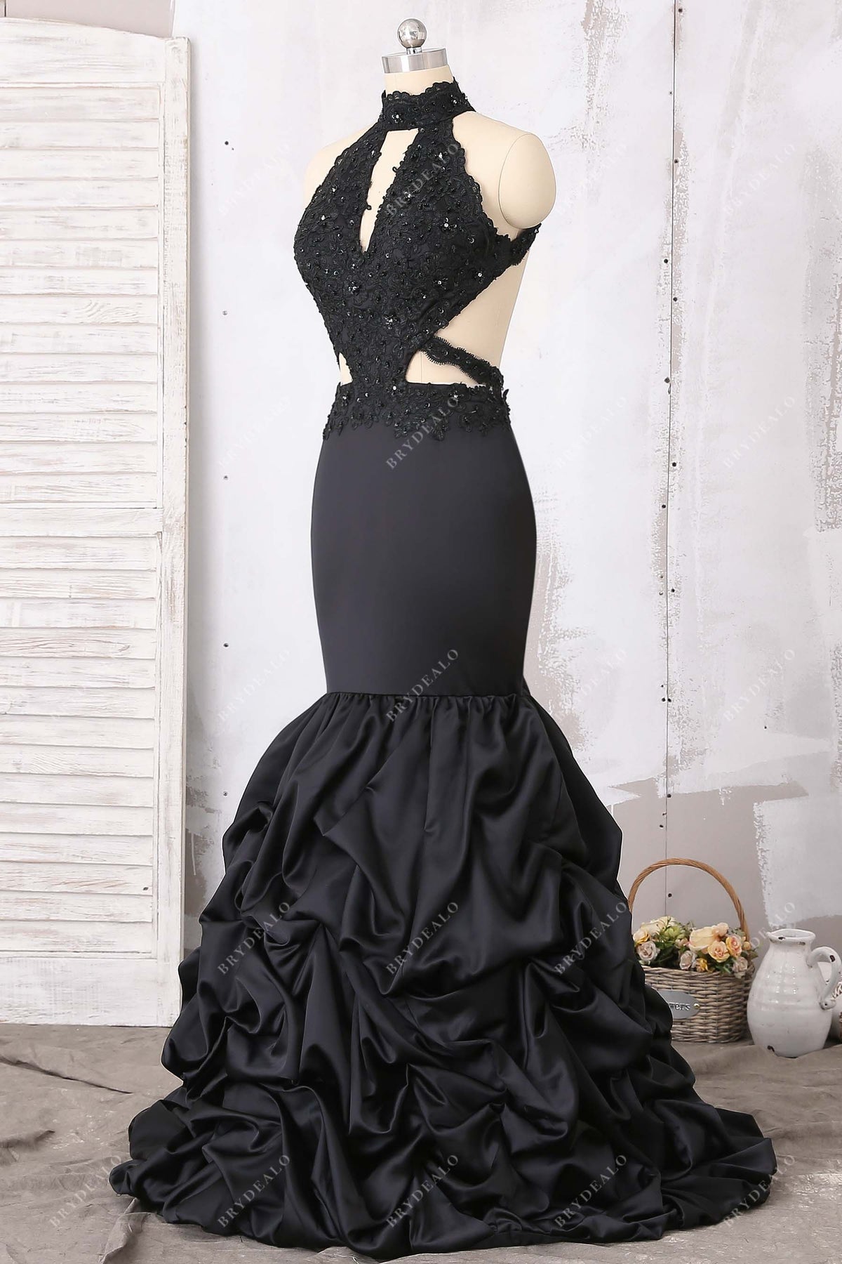 Black Beads Cutout Dramatic Pick-up Trumpet Prom Dress – Brydealo