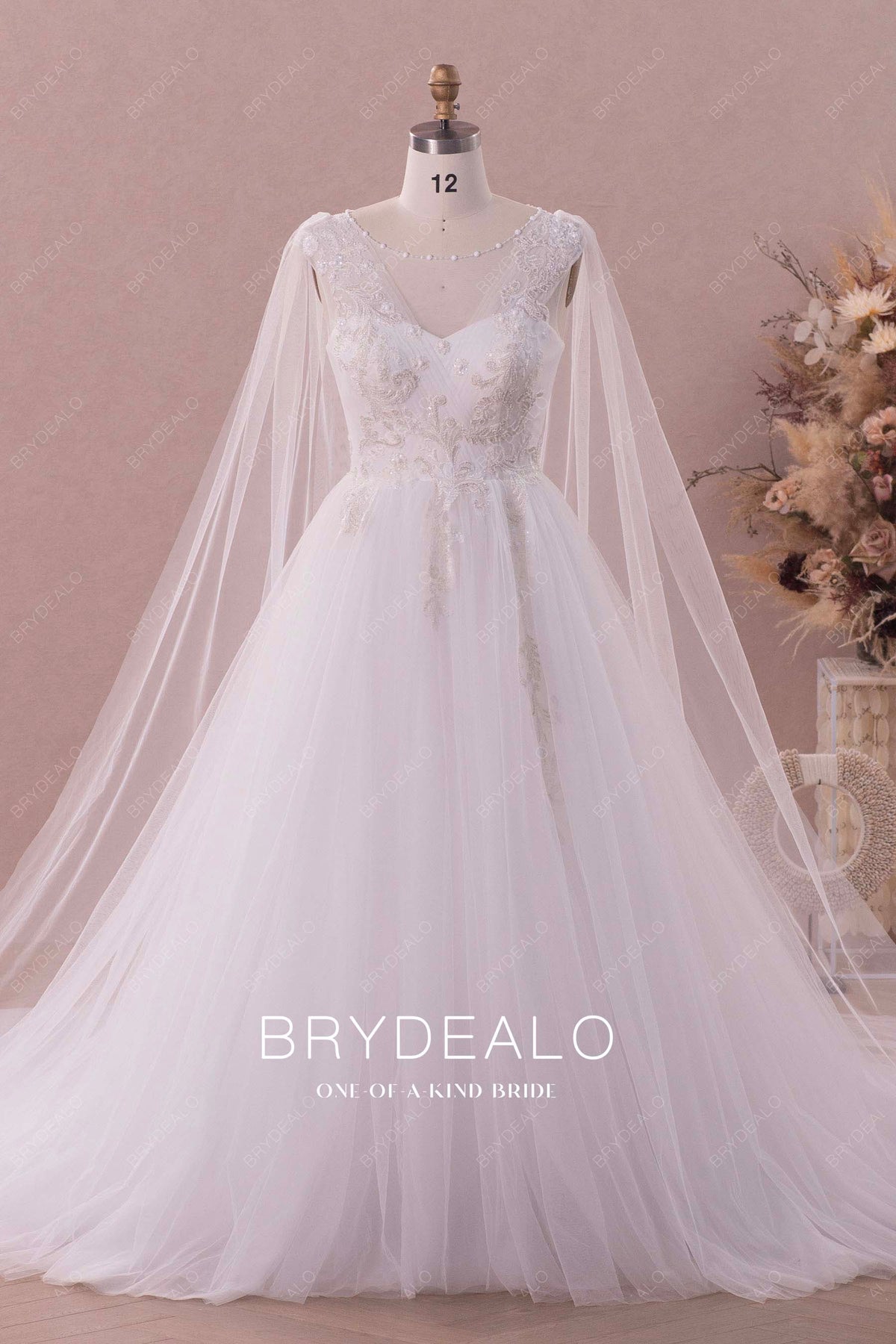 Elegant A-Line Wedding Gown with Illusion Neck & Streamers – Brydealo