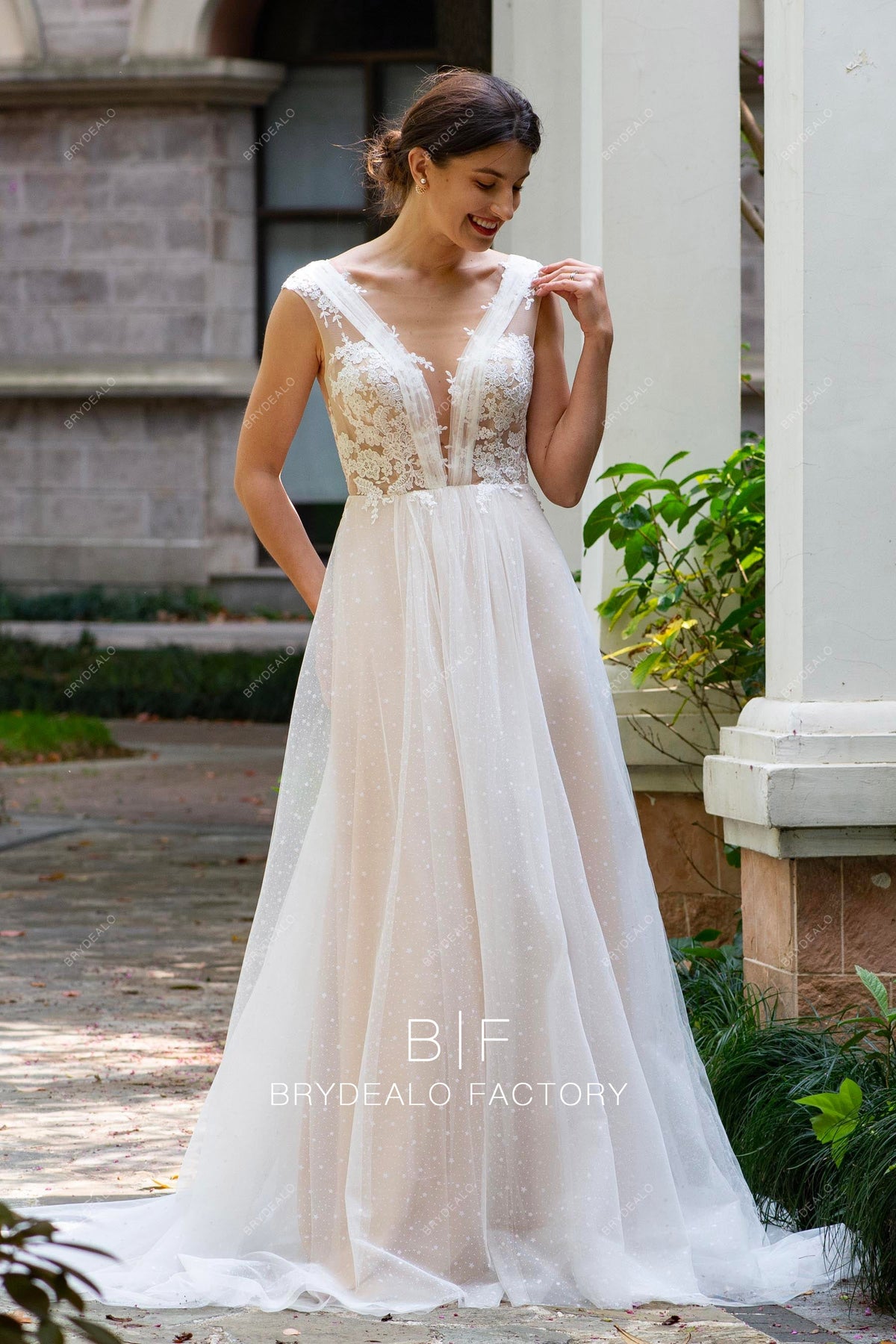Boho Plunging Lace Plunge Bridal Gown | Brydealo
