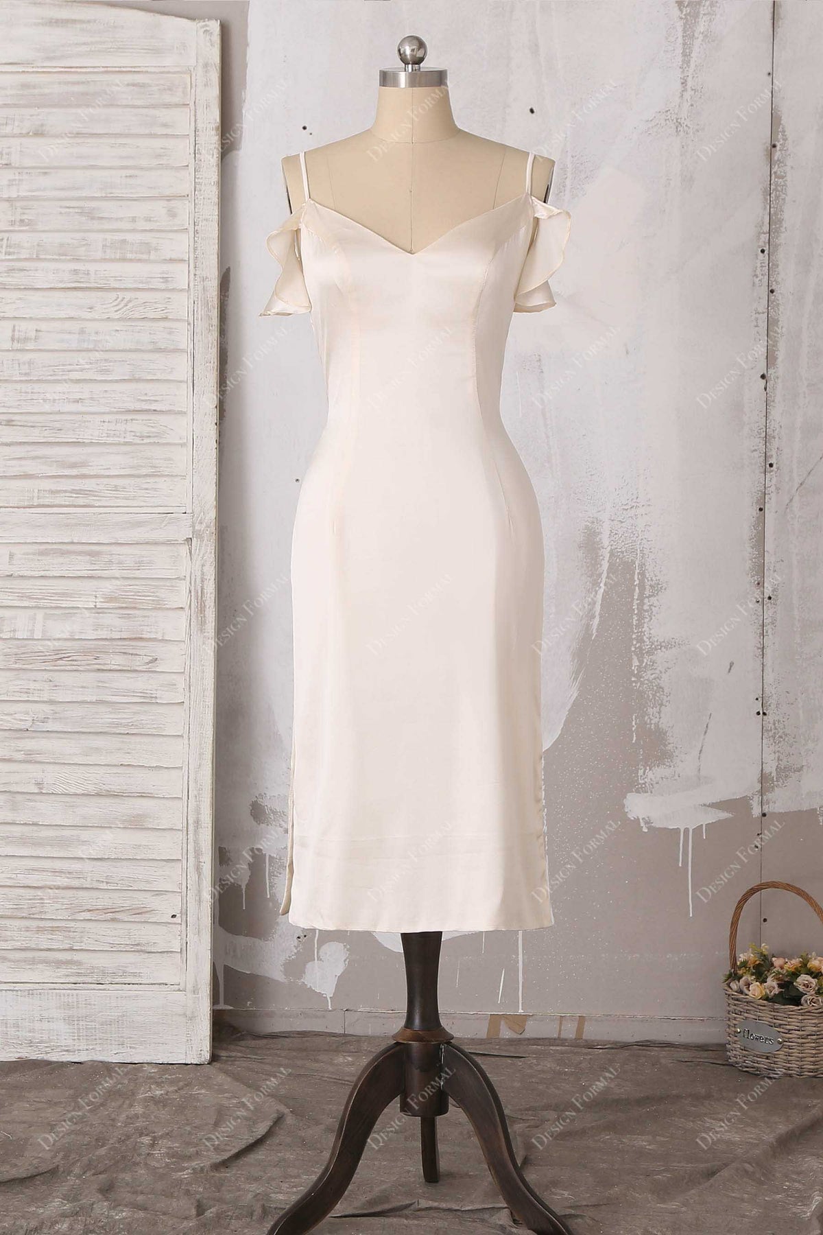 Champagne Silk Ruffled Cold Shoulder Tea Length Bridal Evening Dress ...