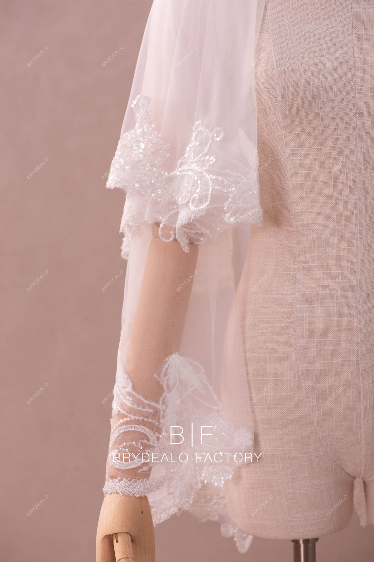 Two-Tier Beaded Lace Finger Length Wedding Veil | Brydealo