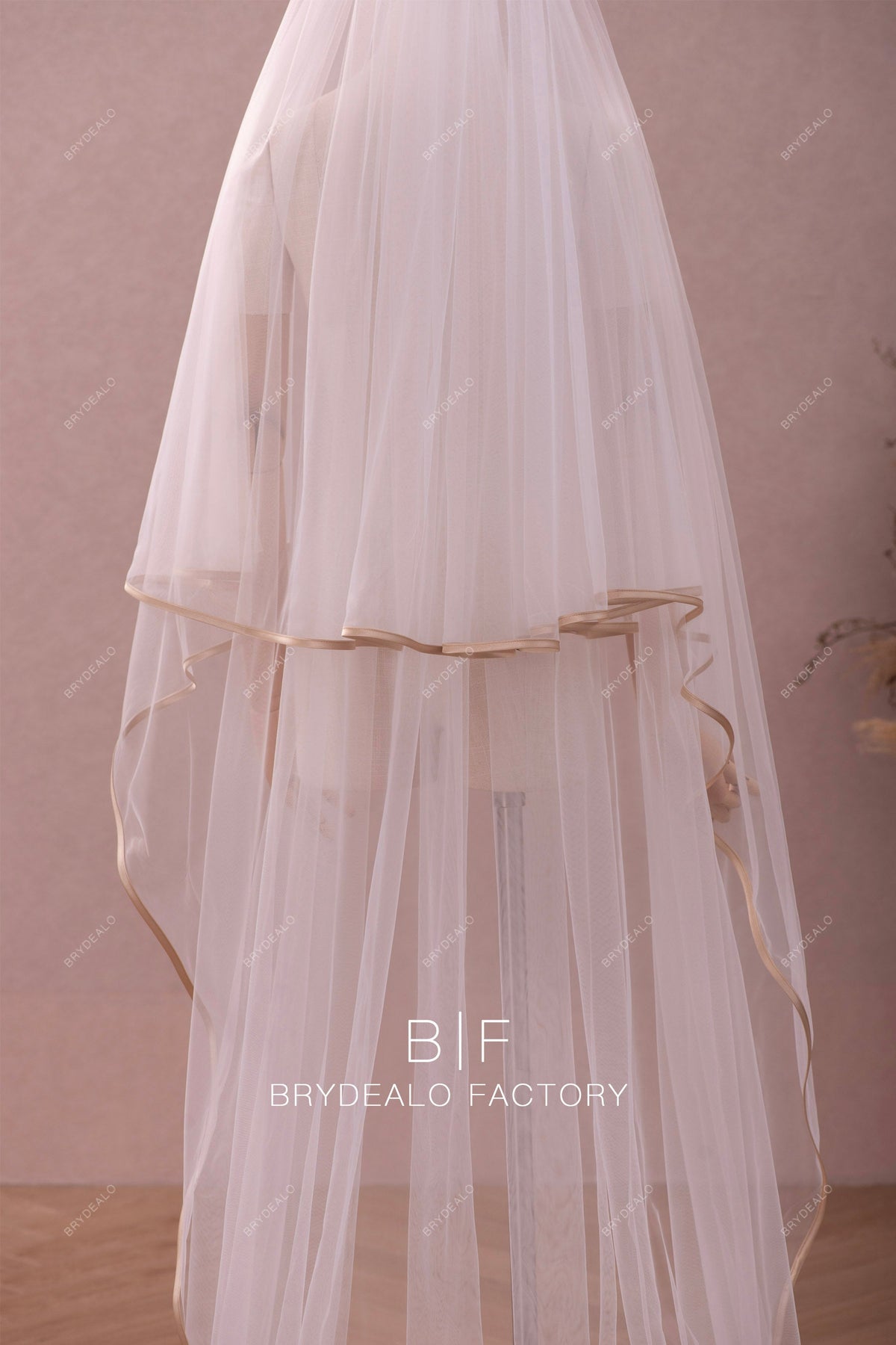 Elegant Champagne Ribbon Two-Tier Wedding Blusher Veil | Brydealo